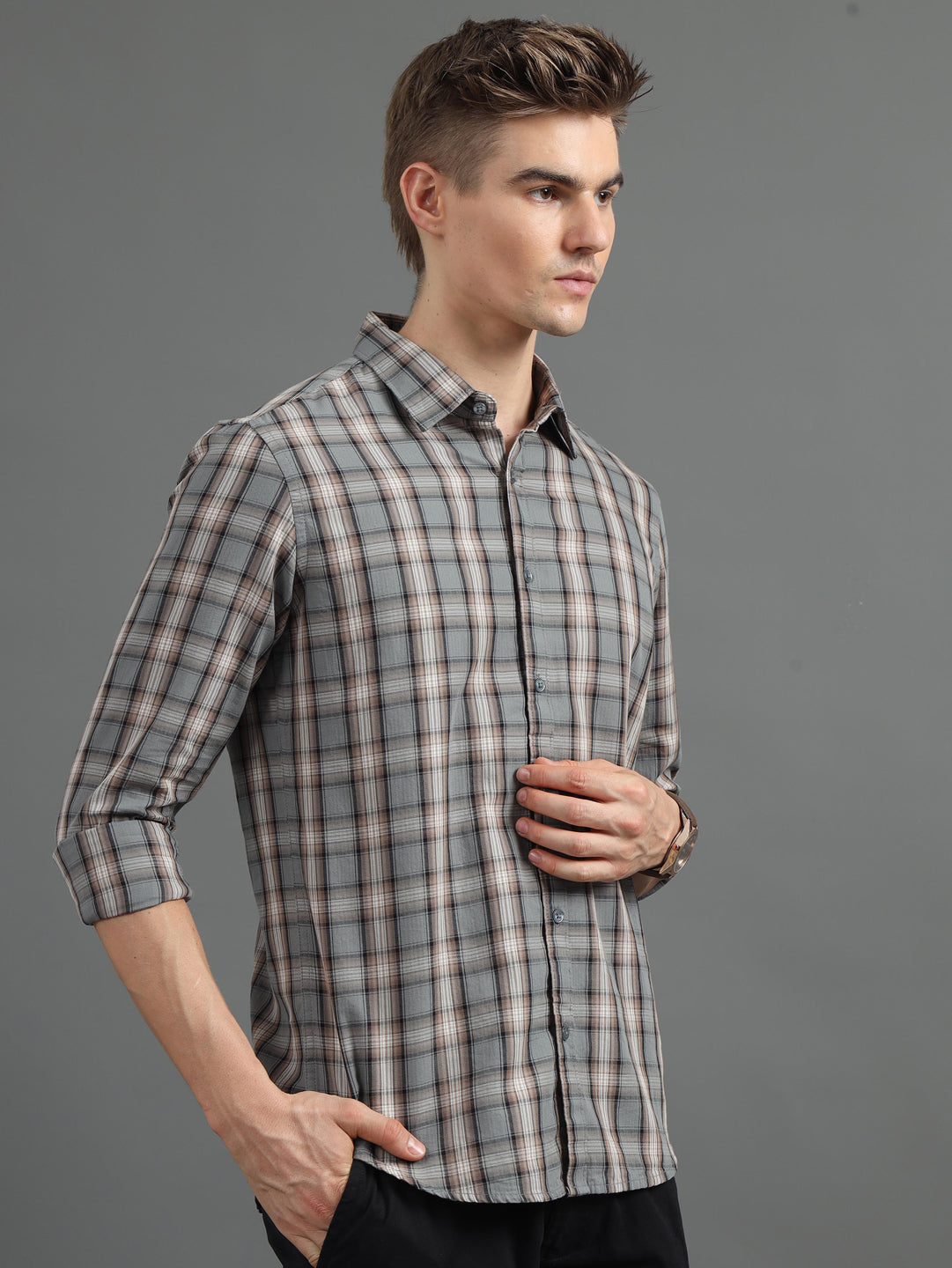 Shop Smoke Grey Cotton Check Shirt Online in India – Bushirt