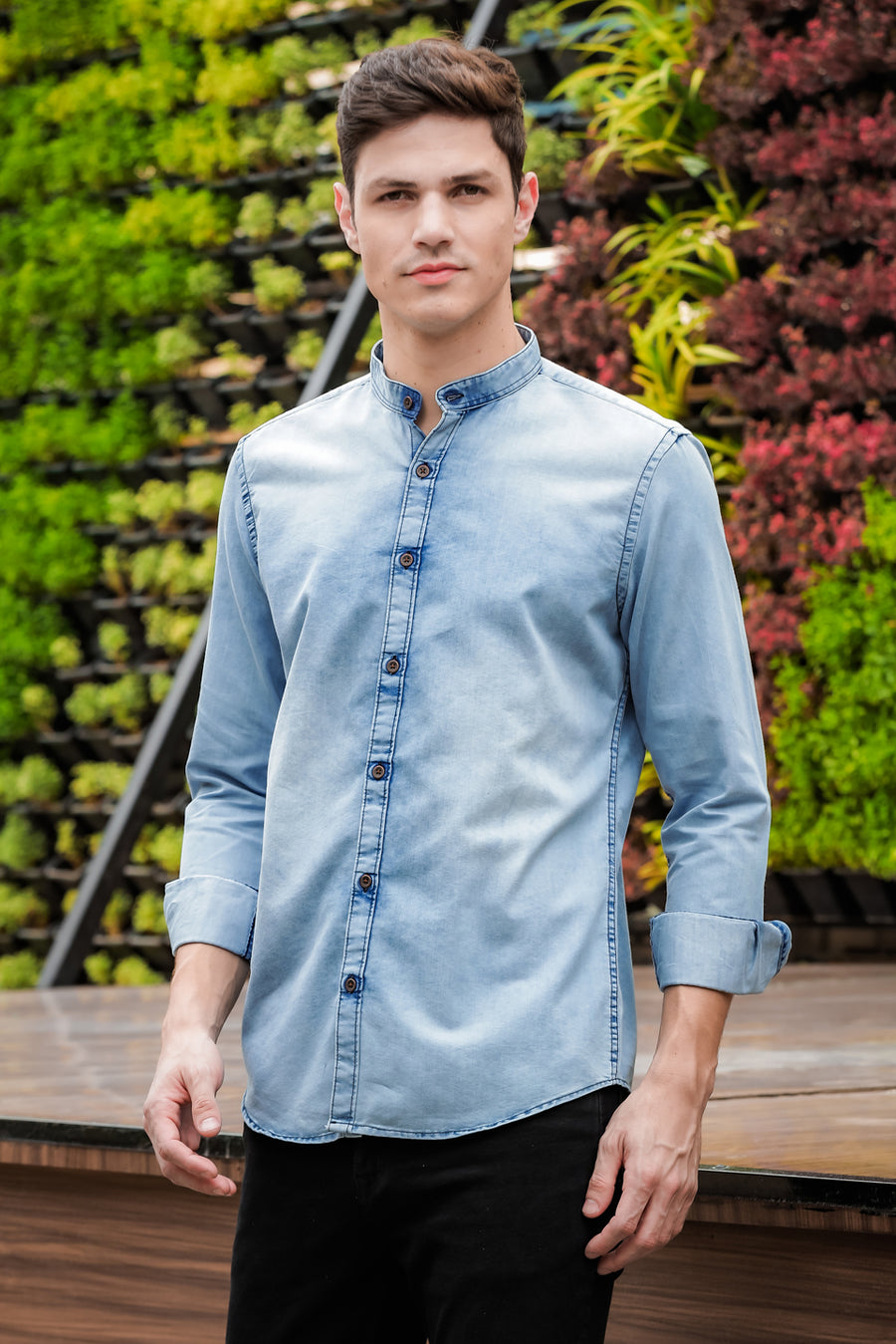 Shop Ice Blue Chinese Collar Denim Shirt for Men Online – Bushirt